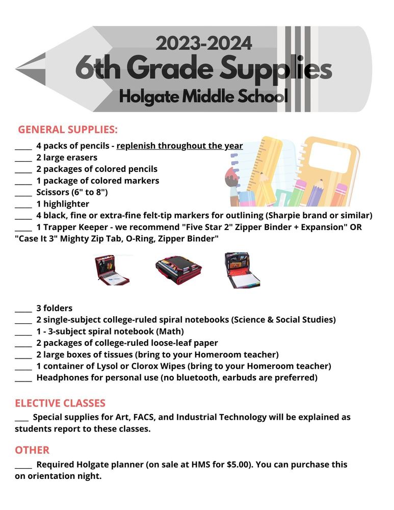 2023 2024 HMS 6th Grade School Supply List Holgate Middle School 2023 2024 HMS 6th Grade School Supply List Holgate Middle School