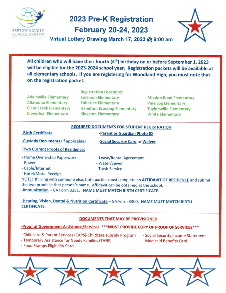 Pre K Registration Information Bartow County School System