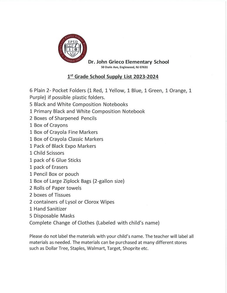 1st Grade School Supply List 2023 2024 Dr John Grieco Elementary School