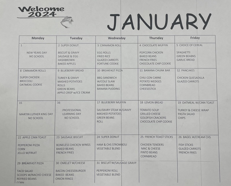 January Lunch Menu | Divide Elementary School