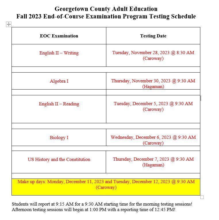 EOC EXAM SCHEDULE | Georgetown County Adult Education