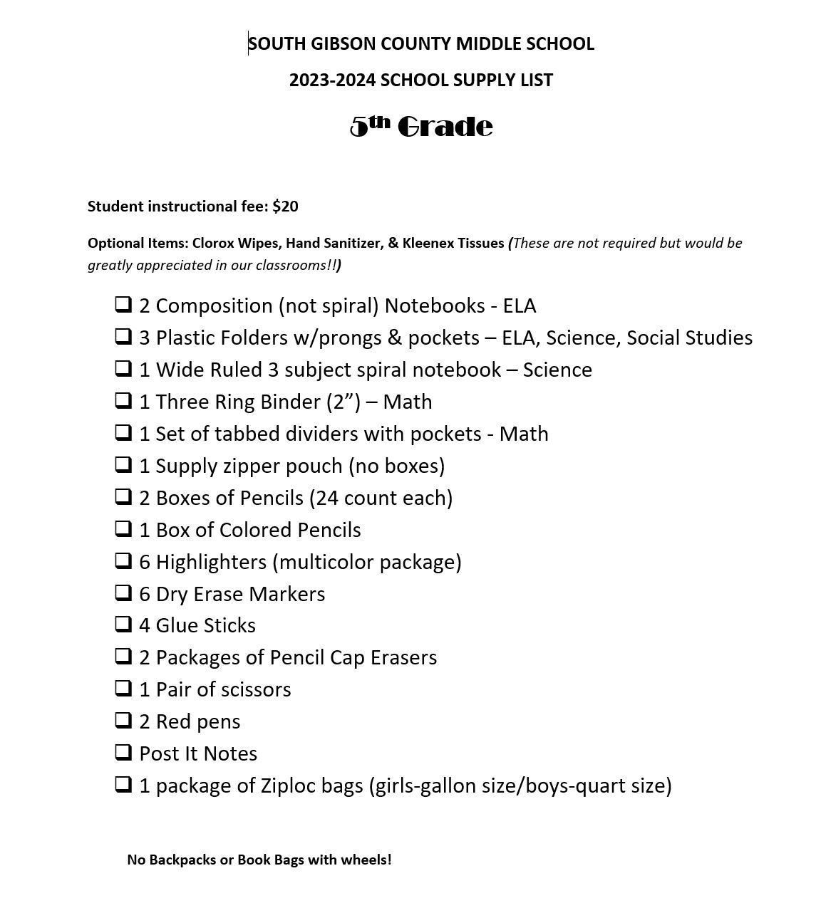 2023 2024 School Supply List South Gibson Co Middle School