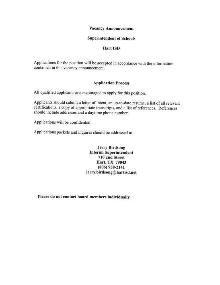 Vacancy Announcement Superintendent Of School Hart ISD Hart ISD Vacancy Announcement Superintendent Of School Hart ISD Hart ISD