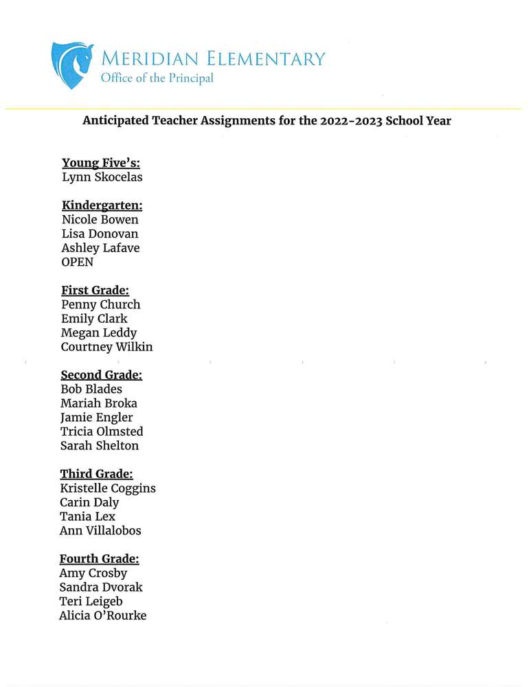 2022-2023 Teacher Assignments | Meridian Elementary School