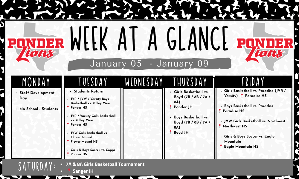 Week At A Glance Jan 05 - 09 | Ponder Junior High School