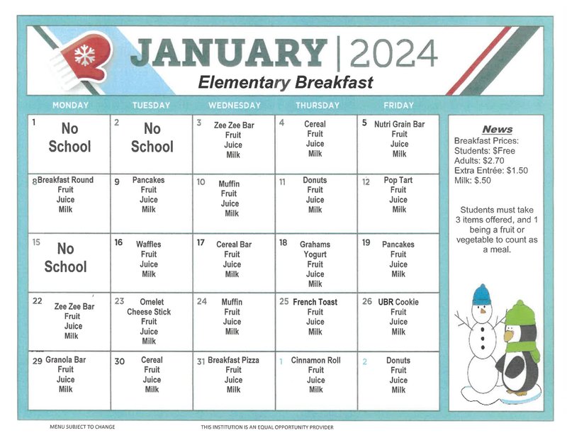 January Lunch Menus | Ridgedale Local School District