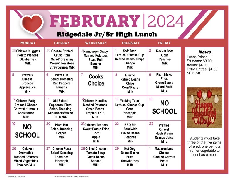 February Lunch Menus | Ridgedale Local School District
