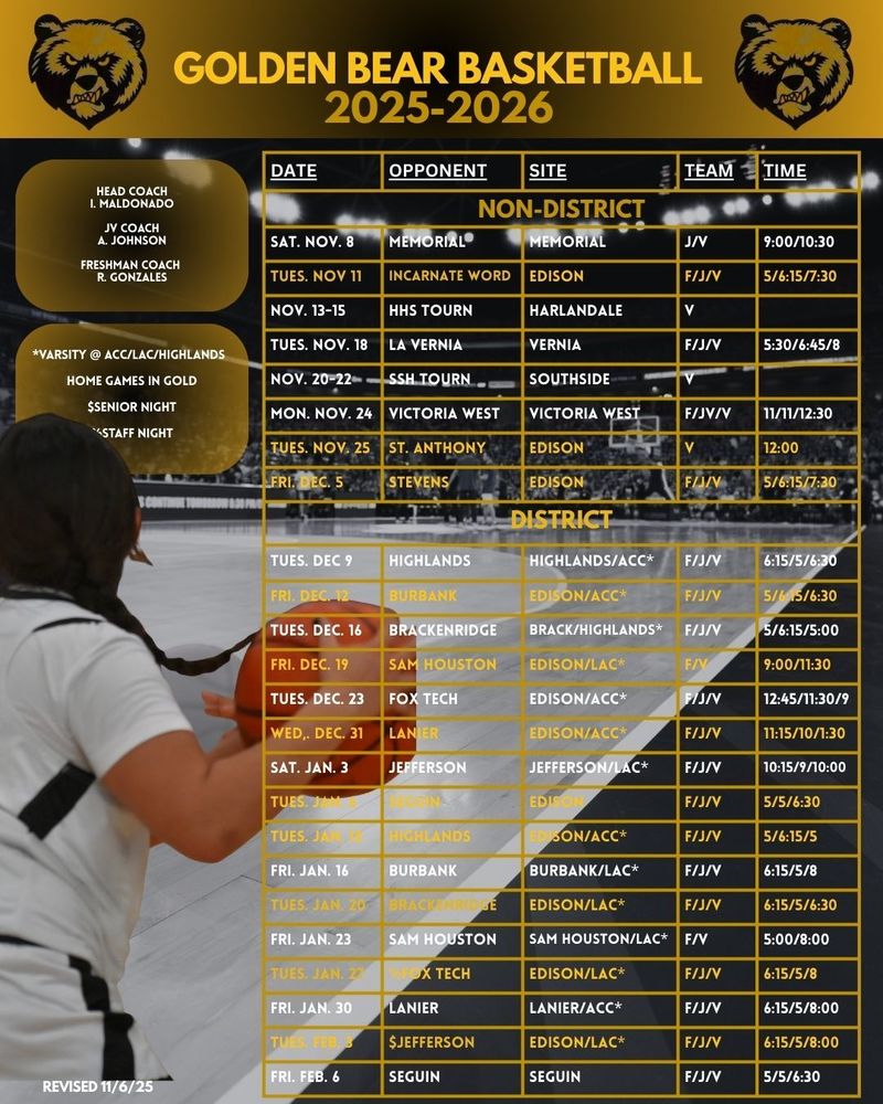 Golden Bear Girls Basketball Schedule | Thomas Edison High School