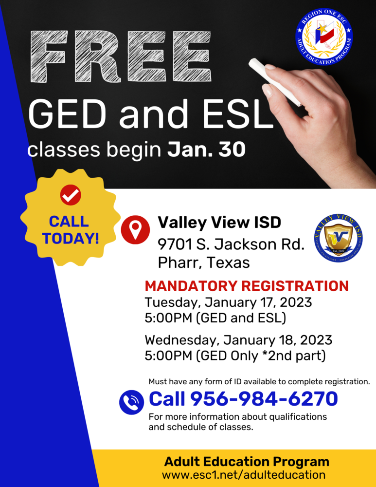 FREE GED AND ESL CLASSES Valley View ISD FREE GED AND ESL CLASSES Valley View ISD